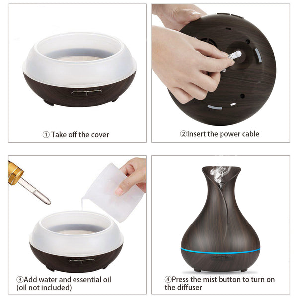 Ultrasonic 400ml Essential Oil Diffuser- Wood Grain Vase Tulip Shape